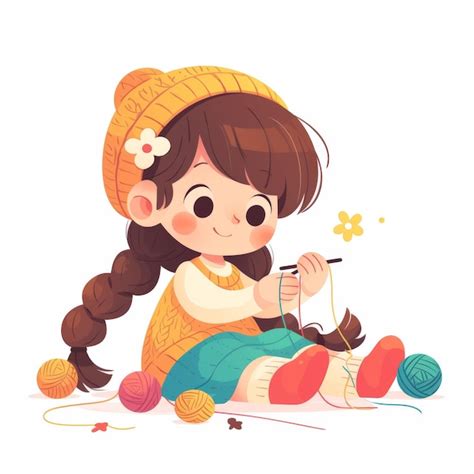Niña De Dibujos Animados Que Teje Con Bolas De Hilo De Colores Imagen