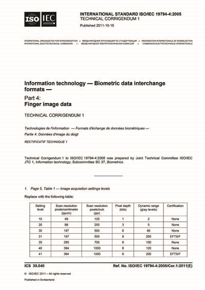 ISO IEC Cor Information Technology Biometric Data Interchange Formats