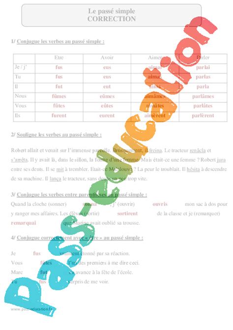 Passé Simple Exercices Corrigés Conjugaison Primaire 4 Pdf à