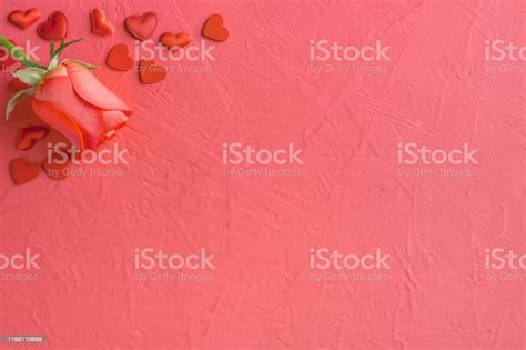 분홍색 배경 발렌타인 데이 컨셉 카피 스페이스에 흩어져있는 빨간 장미와 하트의 축제 구성 0명에 대한 스톡 사진 및 기타 이미지 Istock