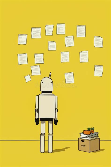 Robot Standing In Front Of Pile Of Papers With Plant Generative Ai Stock Illustration