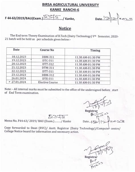 notice for end term theory examination of b tech dairy technology