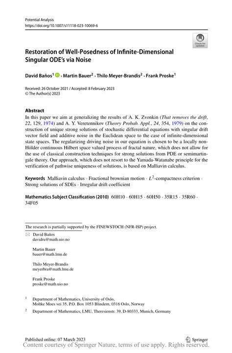 Pdf Restoration Of Well Posedness Of Infinite Dimensional Singular Odes Via Noise