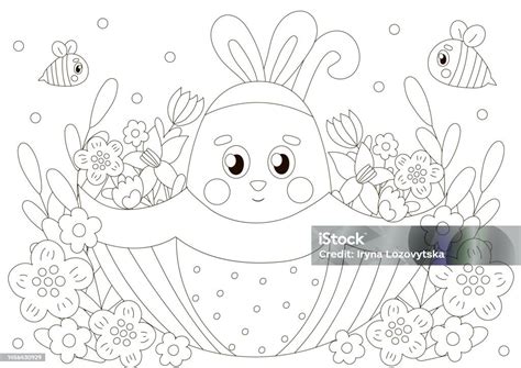 꿀벌과 함께 스칸디나비아 스타일의 꽃을 가진 우산에 토끼 캐릭터와 함께 부활절을 위한 귀여운 색칠 페이지 0명에 대한 스톡 벡터 아트 및 기타 이미지 Istock
