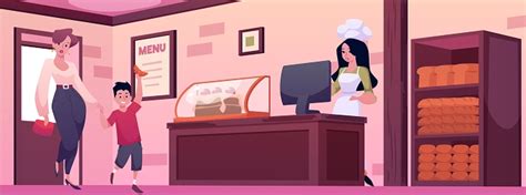 소년과 여성 고객이있는 베이커리 숍 계산원이있는 카운터 케이크 디저트가있는 쇼케이스 벡터 과자 카페 가구에 대한 스톡 벡터 아트
