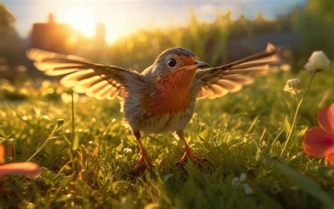 Premium Ai Image Robin With Wings Spread On Grass At Sunsetxa