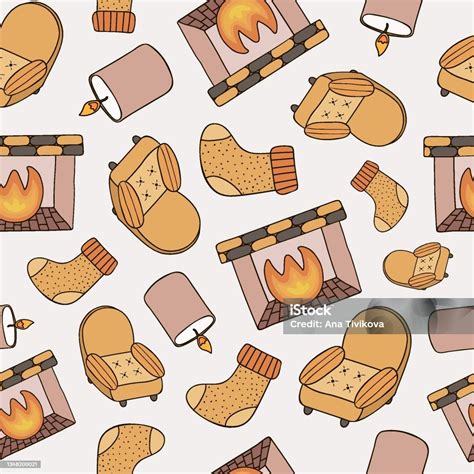 노란색 안락 의자 조명 벽난로 촛불 니트 양말과 아늑한 겨울 분위기와 벡터 원활한 패턴 베이지 색 배경에 크리스마스와 새해