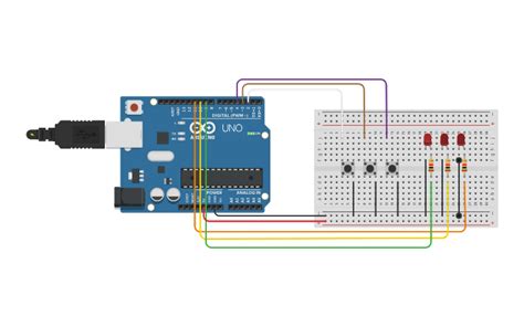 Circuit Design 3 Led Push Button Tinkercad