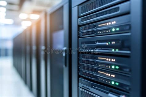 High Tech Server Room With Multiple Racks Illuminated By Soft Lighting In A Data Center Stock