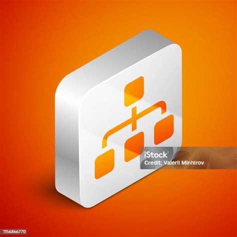 주황색 배경에 격리된 등각칭 비즈니스 계층 구조 조직 사진 차트 인포그래픽 아이콘입니다 기업 조직 구조 그래픽 요소입니다 실버 스퀘어 버튼 벡터 일러스트레이션 개념에 대한