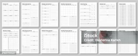 피트니스 및 식사 플래너 세트 매일 매주 매월 운동 추적기 피트니스 목표 체중 추적기 일일 음식 로그 식료품 목록 레시피 카드 수면 추적기 물 추적기 수첩에 대한 스톡 벡터