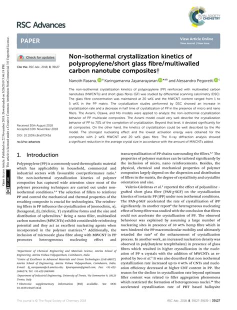 Pdf Non Isothermal Crystallization Kinetics Of Polypropylene Short Glass Fibre Multiwalled