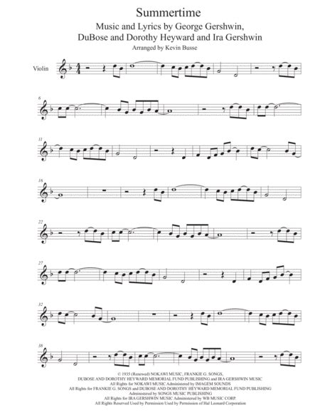 Summertime Arr Kevin Busse By George Gershwin Sheet Music For Violin
