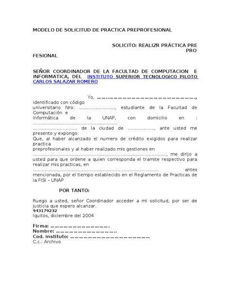 Modelo De Solicitud De Practica Preprofesional