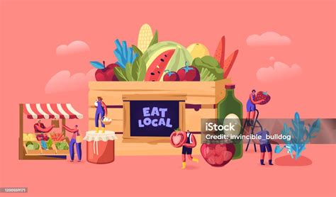 지역 개념을 먹는다 작은 남성과 여성 캐릭터는 수출하지 않고 신선한 건강 하고 유기농 제철 식품을 구입합니다 전통적인 환경 홈스테드 식료품 제품 만화 벡터 일러스트 개념에