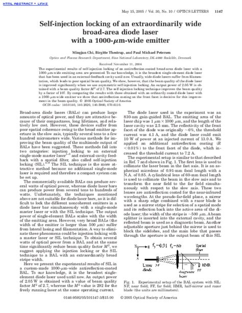Pdf Self Injection Locking Of An Extraordinarily Wide Broad Area Diode Laser With A 1000 Mum