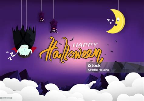할로윈 좋은 밤 인사말 카드 뱀파이어와 박쥐 하늘 만화 인형 캐릭터에 달과 함께 자고 포스터 핑크와 보라색 파스텔 배경 벡터 일러스트 공휴일에 대한 스톡 벡터 아트 및 기타