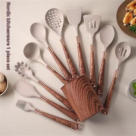 Silicone Kitchenware Set 11 Piece Gold Plated Wood Grain Handle Non