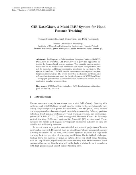Pdf Cie Dataglove A Multi Imu System For Hand Posture Tracking
