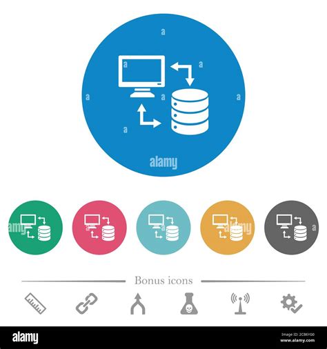 Syncronize Data With Database Flat White Icons On Round Color Backgrounds 6 Bonus Icons