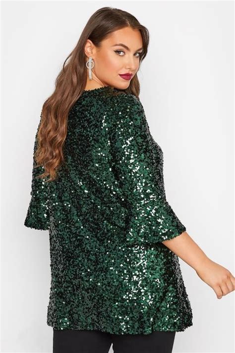 Yours London Plus Size Green Sequin Embellished Flute Sleeve Top