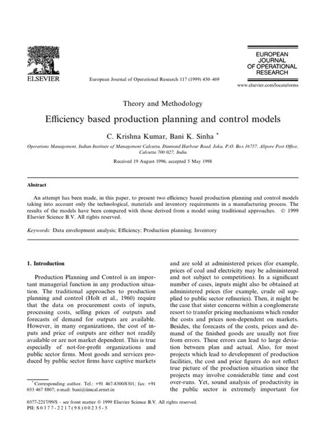 Efficiency Based Production Planning And Control Models Pdf Business Economics Production