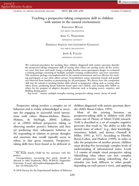 J Of App Behav Analysis 2018 Welsh Teaching A Perspective‐taking Component Skill To