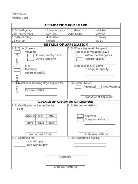 Csc Form 6 Leave Form New Pdf