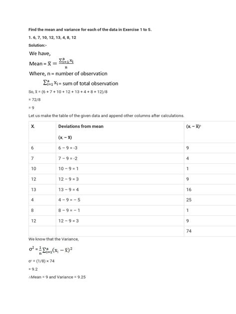 find the mean and variance for each of the data in exercise 1 to 5 pdf