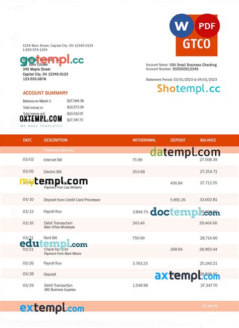 Gt Bank Organization Checking Account Statement Word And Pdf Fake Template