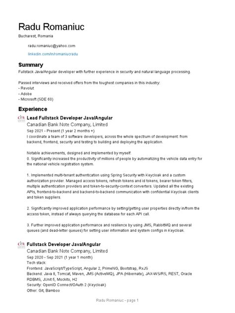 Resume Radu Romaniuc Pdf Computer Virus Java Programming Language