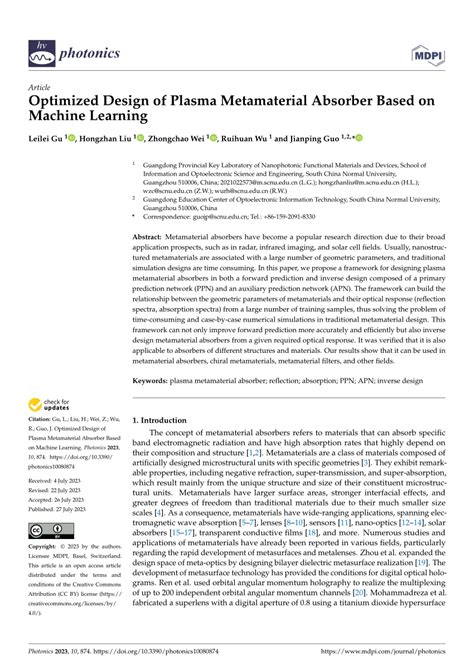 Pdf Optimized Design Of Plasma Metamaterial Absorber Based On Machine Learning