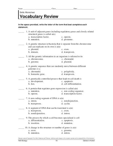 Genetic Vocabulary Review Worksheet For 10th Higher Ed Lesson Planet