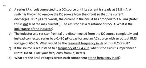 Solved A A Series LR Circuit Connected To A DC Source Chegg