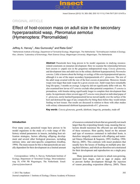 Pdf Effect Of Host Cocoon Mass On Adult Size In The Secondary