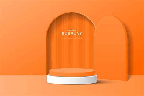 최소한의 장면 3d 배경 제품 디스플레이 연단 아치 문 모양의 수직 패턴이 있는 사실적인 주황색 및 흰색 3d 실린더 연단