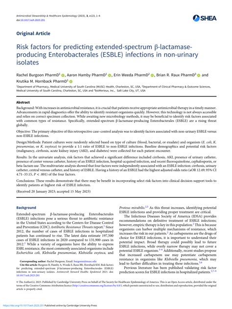 Pdf Risk Factors For Predicting Extended Spectrum β Lactamase