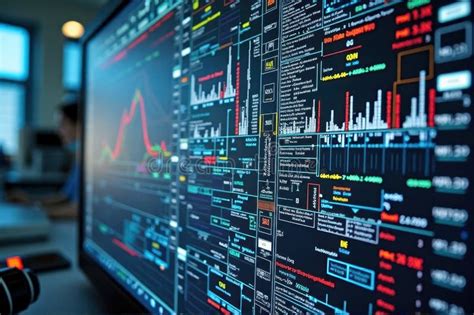 Complex Data Analysis On Multi Screen Computer Setup In Modern Office Stock Image Image Of