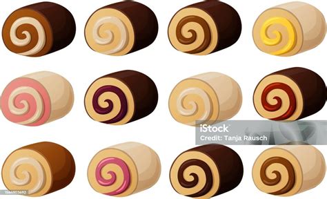 충전재와 토핑이 있는 다양한 케이크 스위스 롤 조각의 귀여운 벡터 그림 스위스 롤에 대한 스톡 벡터 아트 및 기타 이미지 스위스 롤 개체 그룹 거품 내기 Istock