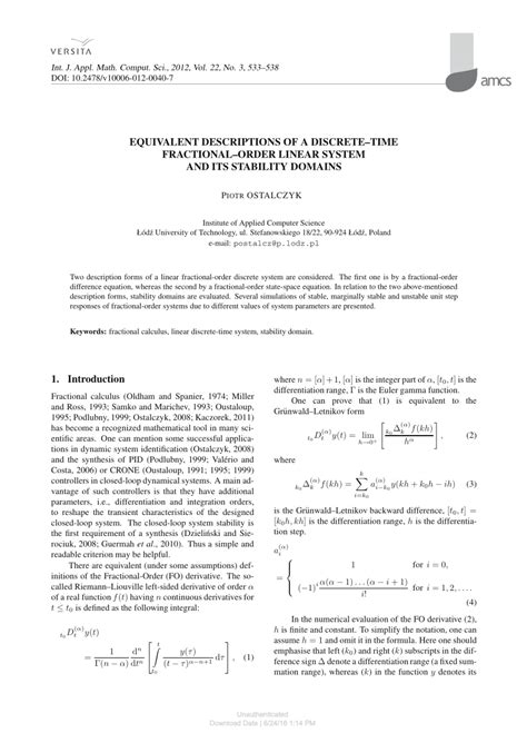 Pdf Equivalent Descriptions Of A Discrete Time Fractional Order Linear System And Its