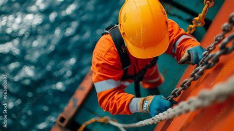 Workers Securing A Large Container On A Cargo Ship Detailed View Of