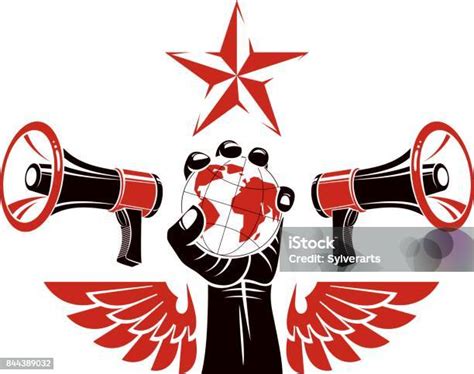 엠 블 럼 장식 벡터 글로브 자유 날개 및 메가 근육 제기 쥔된 주먹으로 구성 정치 그리고 주의의 구성 요소로 권위입니다