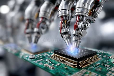 Robotic Arms Assembling Microchips In A High Tech Manufacturing