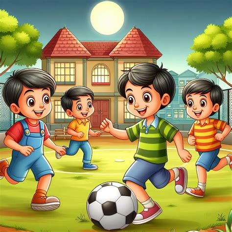놀이터에서 축구를 하는 아이들 학교 이야기책에 대한 만화 일러스트레이션 Ai 이미지 프리미엄 사진