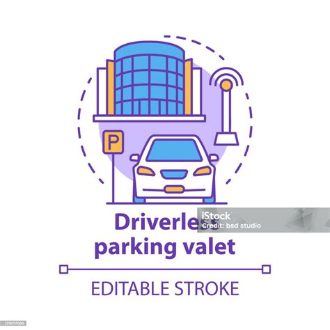 무인 주차 발렛 개념 아이콘입니다 스마트 주차 기술 도시 주차장 로봇 차량 아이디어 얇은 라인 그림을 위해 서 벡터 절연 윤곽선 도면 편집 가능한 스트로크 개인 주차요원에
