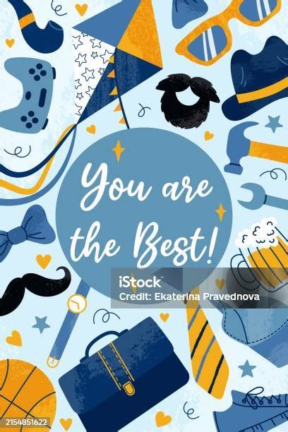 해피 아버지의 날을 위한 축하 세로 포스터입니다 남성 물건과 텍스트가있는 현대적인 디자인 당신은 최고입니다 그런 지 질감 모자 연 콧수염 공 아이템 카드 전단지 배너 표지용