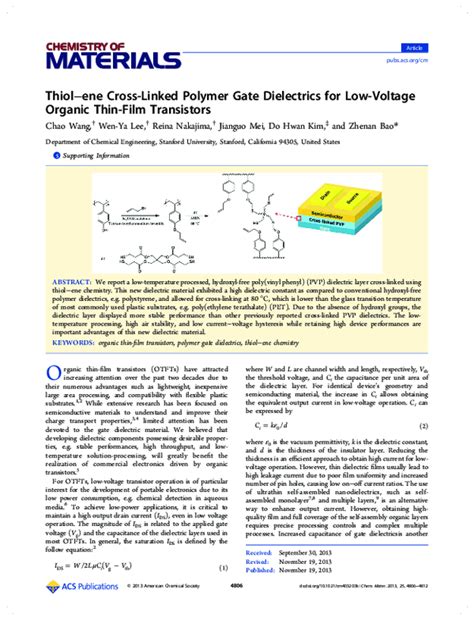 Pdf Thiol Ene Cross Linked Polymer Gate Dielectrics For Low Voltage Organic Thin Film Transistors