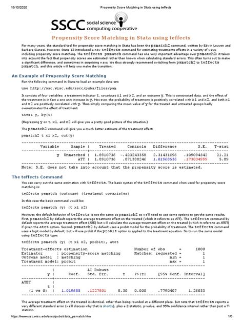 Propensity Score Matching In Stata Using Teffects Pdf Regression