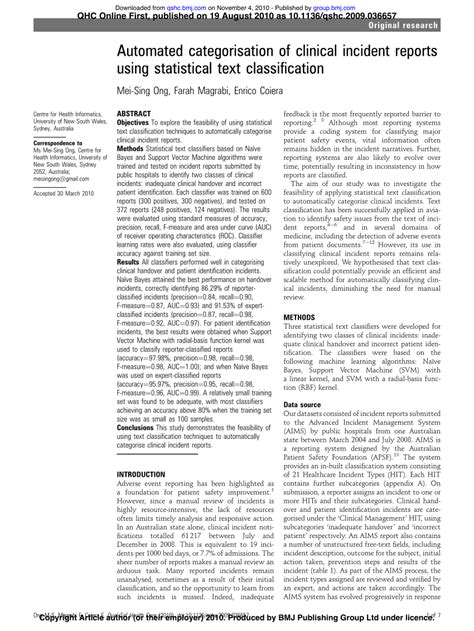 Pdf Automated Categorisation Of Clinical Incident Reports Using Statistical Text Classification