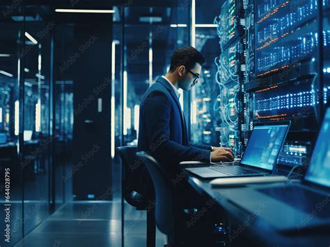 Successful Data Center It Specialist Checking Cloud Servers While Working As System